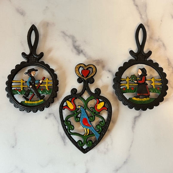 Accents | Vintage Cast Iron Trivets Folk Art Painted Dutch Farmers ...